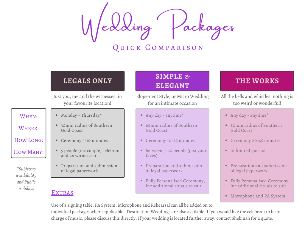 Wedding and Ceremony Price List - Shekinah Leigh